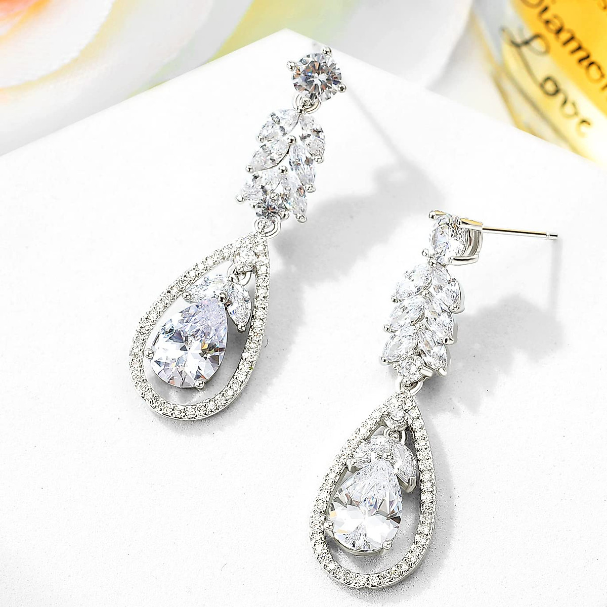 Wedding Earrings for Brides, Cubic Zirconia Leaves Teardrop Bride & Bridesmaid Bridal Earrings for Wedding, 14K White Gold Plated Dangle Earrings for Women, Prom, Pageant, Weddings Mother of The Bride