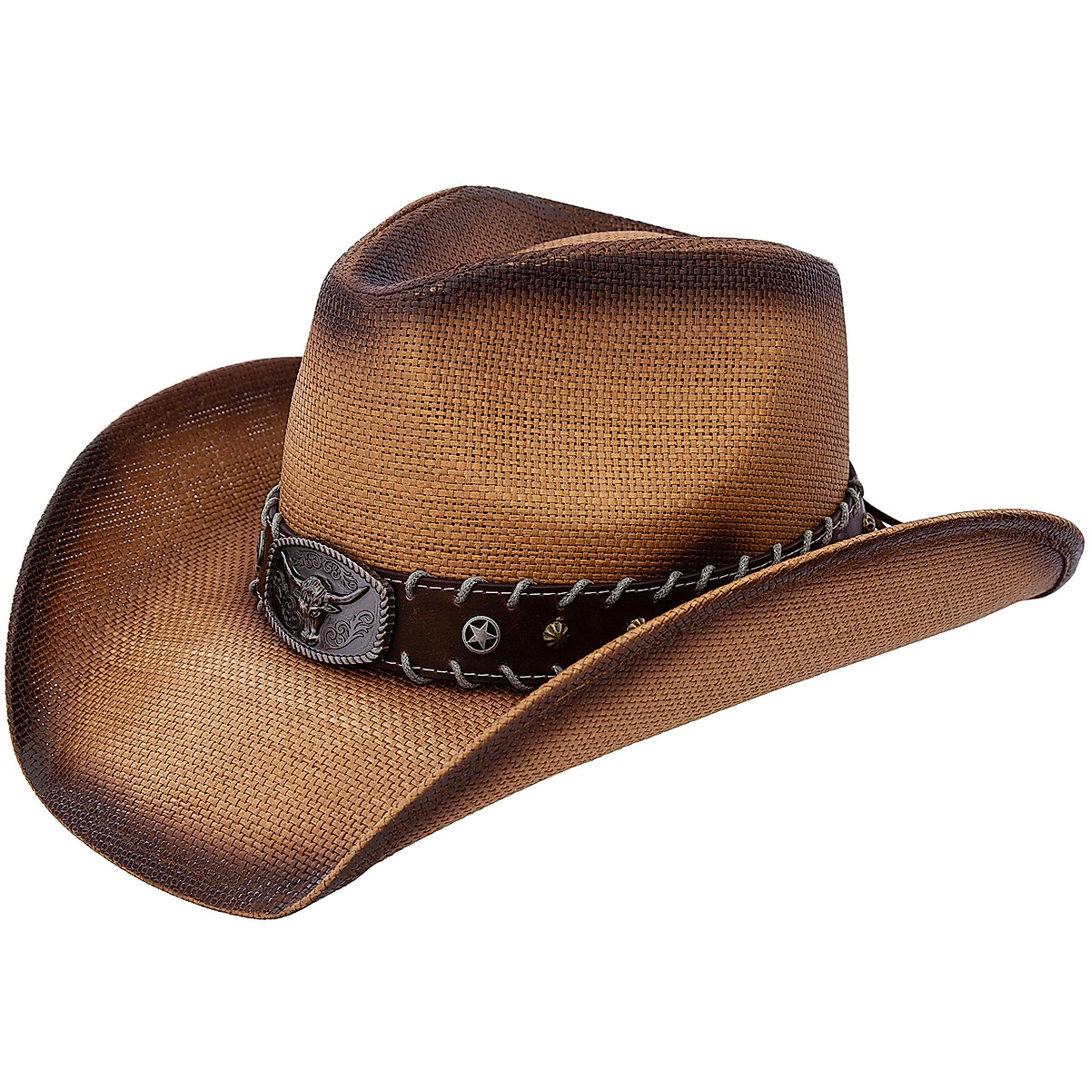 Queue Essentials Men & Women's Woven Straw Cowboy Cowgirl Hat Western Outback w/Wide Brim (Long Horn)