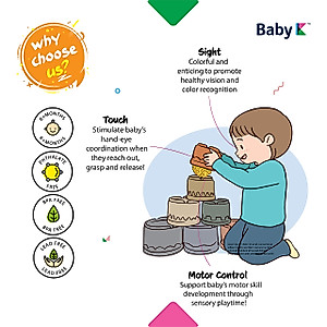 BABY K Baby Stacking Cups Toy (9 Pieces) - Silicone Stacking Cups for Babies 6-12 Months - Nesting Cups Baby Toy with Sensory Baby Ball Toy and Growth Journal - Stackable Cups for Baby Motor Skills