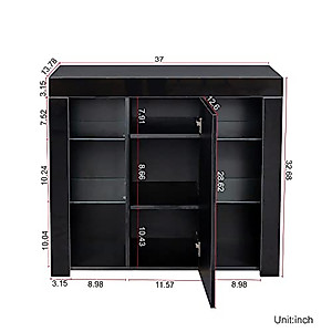 BUTURCAR Kitchen Buffet Storage Cabinet, Modern Dining Room Sideboard Cabinet, Hallway Living Room Display Cabinet - Black High Gloss Buffet Cabinet with Storage, Door, and LED Light