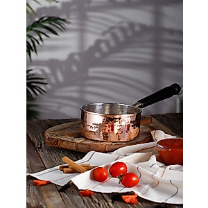DEMMEX Copper Saucepan & Butter Warmer, 1mm Thick Solid Uncoated Hammered Copper, Wooden Handle, Tin Lined, 100% Handmade (1.2 Quarts-6"x2.8")