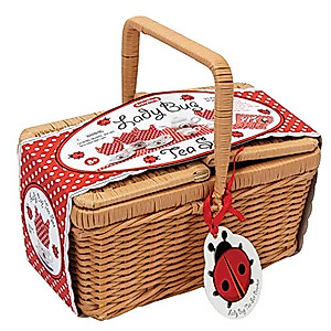 Schylling Ladybug Tea Set Basket - 23 Piece Miniature Porcelain Set with Picnic Basket - Includes Service for Four - Ages 8 and Up