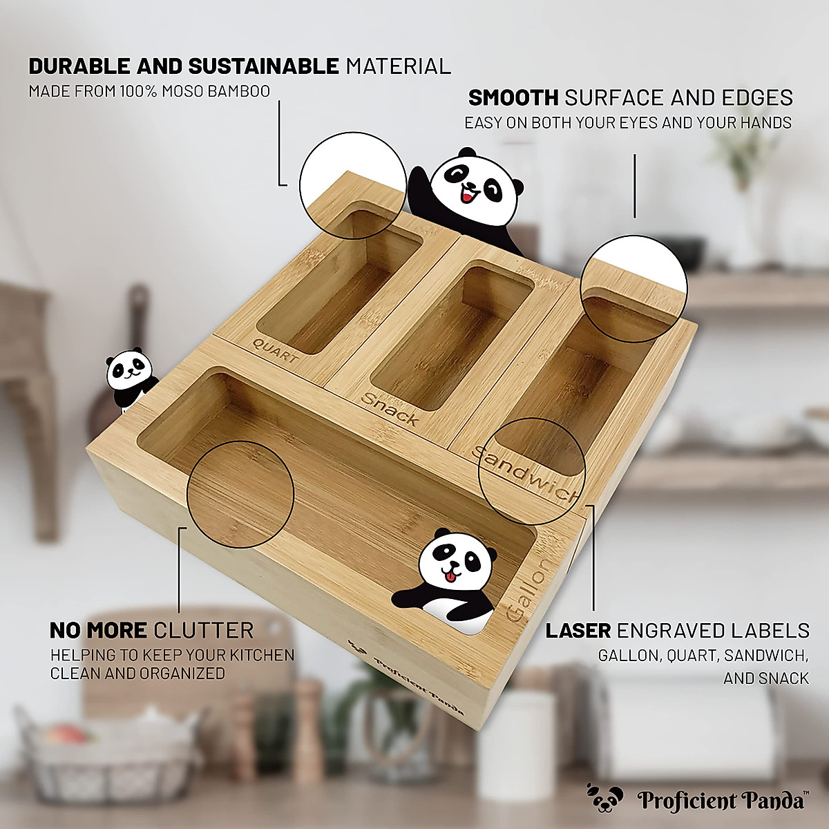 Proficient Panda,Bamboo Sandwich Bag Organizer, Ziplock Bag Organizer, Premium Bamboo Organizer/Dispenser, Compatable sizes: Gallon, Quart, Sandwich, and Snack, (4 piece set).