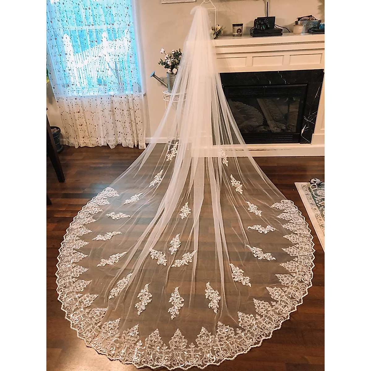 EllieHouse Cathedral 1 Tier Sequin Lace Wedding Bridal Veil White