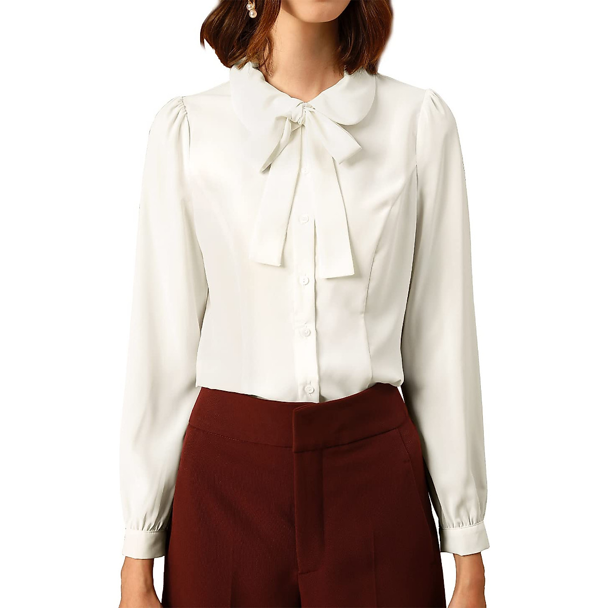 Allegra K Women's Peter Pan Collar Blouse Bow Tie Neck Vintage Button Up Shirt Large White