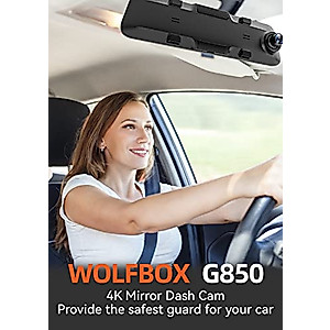 WOLFBOX G850 4K Mirror Dash Cam,12'' Mirror Dash Cam Front and Rear,1080P Rear View Mirror Camera,Dual Dash Camera for Cars with 64GB TF Card & GPS,Super Night Vision,Parking Monitoring