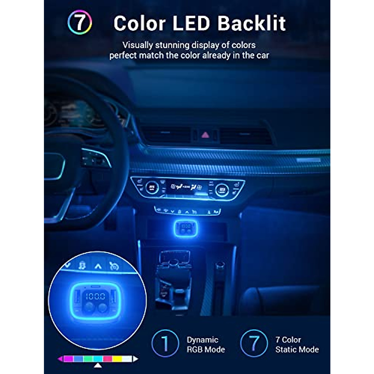 AINOPE Fm Transmitter Bluetooth Car Adapter, 36W/6A PD&QC3.0 Bluetooth Radio Transmitter Car Adapter, 7-Colors LED Backlit V5.0 Bluetooth Adapter Car, Wireless Call - Blue