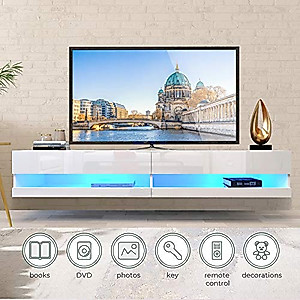 jeerbly 71 Inch TV Stand Cabinet Wall Mounted Floating Television Stand up to 80" TVs with 20 Color LEDs White Modern High Gloss Storge Shelf Entertainment Center Console Table for Living Room