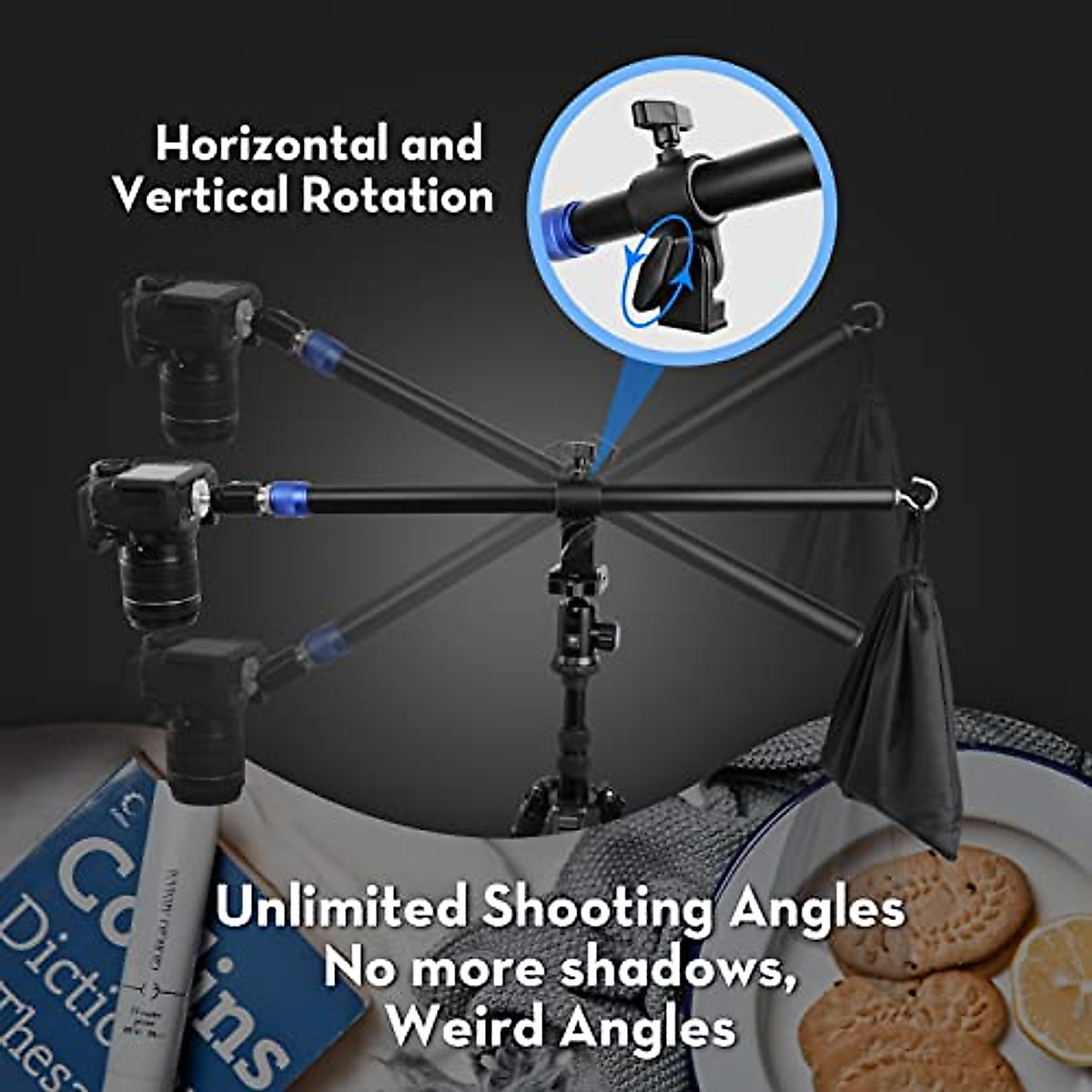 KapSnug 22-37 Inch Aluminum Tripod Extension Arm Overhead Camera Mount, Horizontal Retractable Center Column, 360-degree Ball Head, 170-degree Angle Adjustable Arm, Tripod not Included