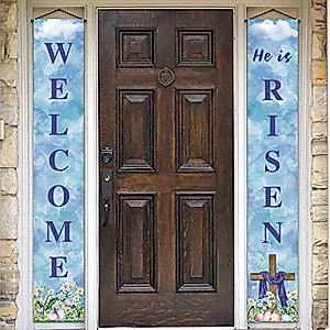 Pudodo He is Risen Porch Banner Easter Christian Cross Resurrection Religious Holiday Front Door Sign Wall Hanging Party Decoration