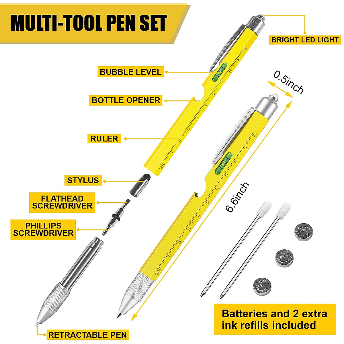 Gifts for Men, 9 in 1 Multitool Pen Set, Cool Gadgets for Men Dad Him Boyfriend Husband Fathers Day Birthday Gifts, Tool Pen with Led Light, Stylus, Screwdriver, Bottle Opener, Ruler, Level(Yellow)