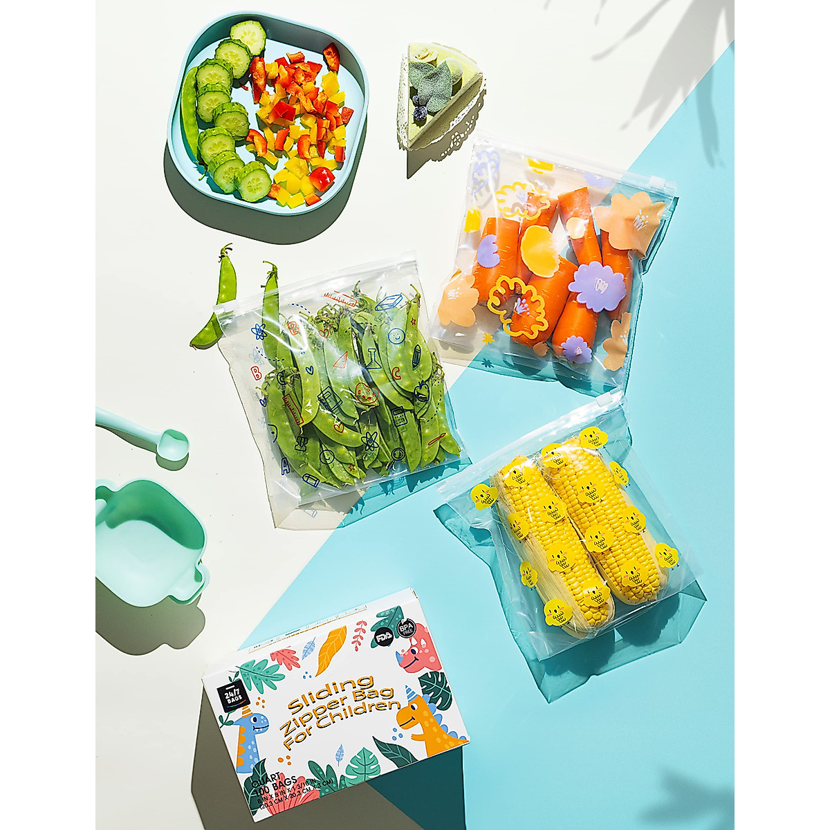 Quart Resealable Slider Food Storage Bags, 100 Count, Fun Designs, 4 Different Fun Patterns, Zero BPA, Lunch, Trips, Parties & More