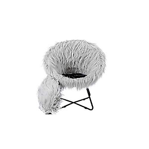 BIRDROCK HOME Grey Faux Fur Papasan Chair with Black Legs - Kids Bedroom Moon Chair - Comfy Wide Cushion Seat - Living Room Saucer - Metal - Fluffy Round Seat - Circle