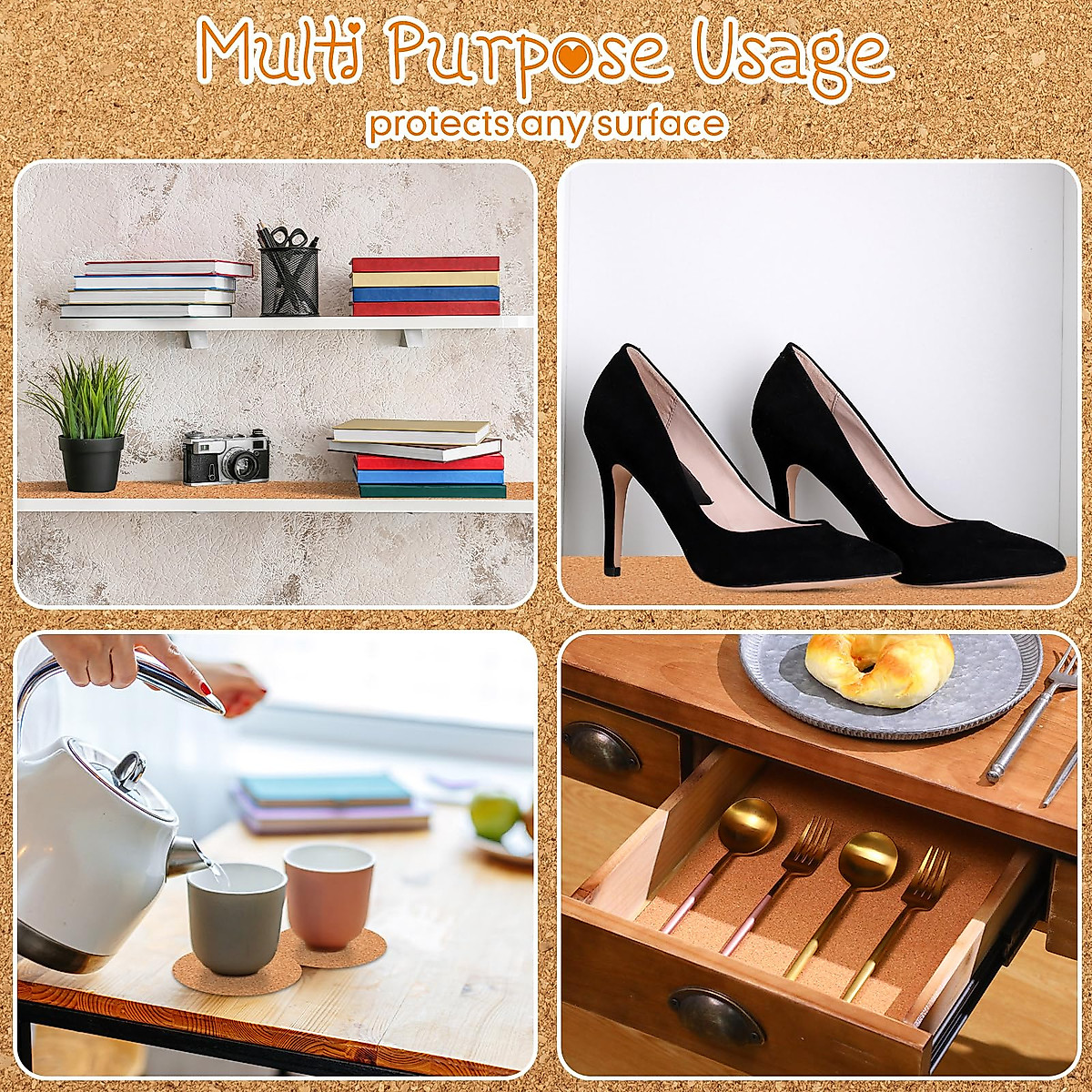 8 Pack Self Adhesive Cork Roll 18 x 47 Inches Long Cork Roll Bulk 0.5 mm Thick Cork Backing Sheets Drawer Shelf Liner for Coaster, Wall Decoration, DIY Crafting, Halloween Party, Door Signs