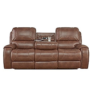 Roundhill Furniture Achern Leather Air Nail head Manual Reclining Sofa with Storage Console, Brown