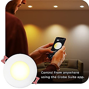 Globe Electric 50466 Wi-Fi Smart 3" Ultra Slim LED Recessed Lighting Kit 2-Pack, No Hub Required, Voice Activated, 7 W, Multicolor Changing RGB, Tunable White 2000K - 5000K, 390 Lumens, Wet Rated