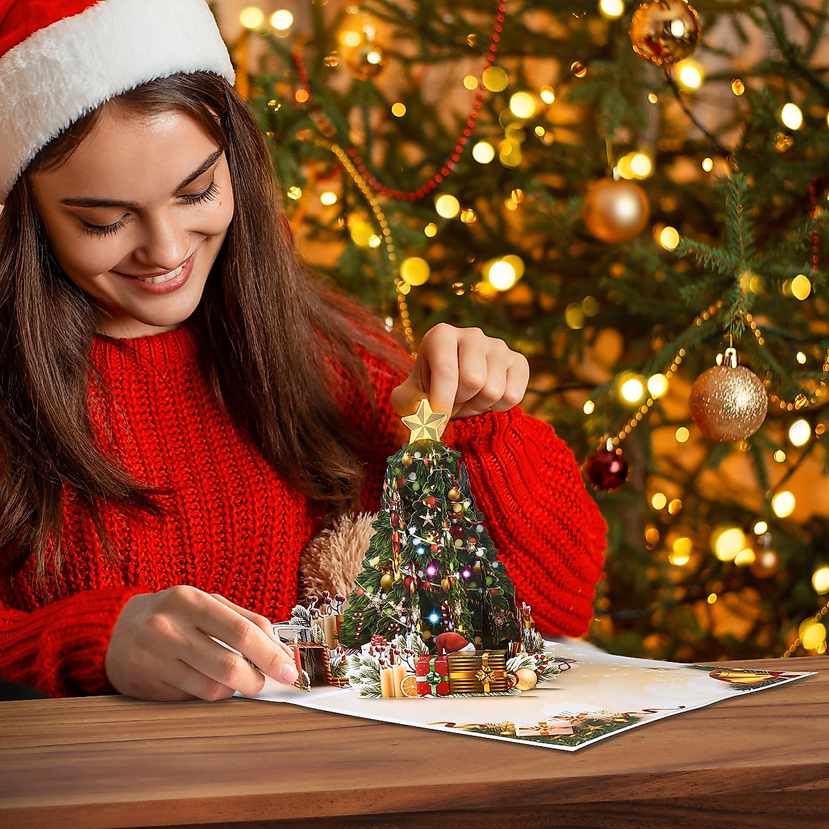 Venhoo Pop Up Christmas Cards with Light and Music, Christmas Tree Design, Handmade 3D Popup Musical Greeting Card for Christmas Holiday Includes Envelop, Playing-We Wish You a Merry Christmas