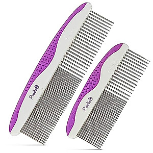Poodle Pet Dog Combs for Grooming | 2 Pack | Stainless Steel Teeth Easily Remove Dirt | Proper Care Prevents Knots and Mats for Long and Short Haired Pets |Anti-Slip Comfort Grip Handle| Purple