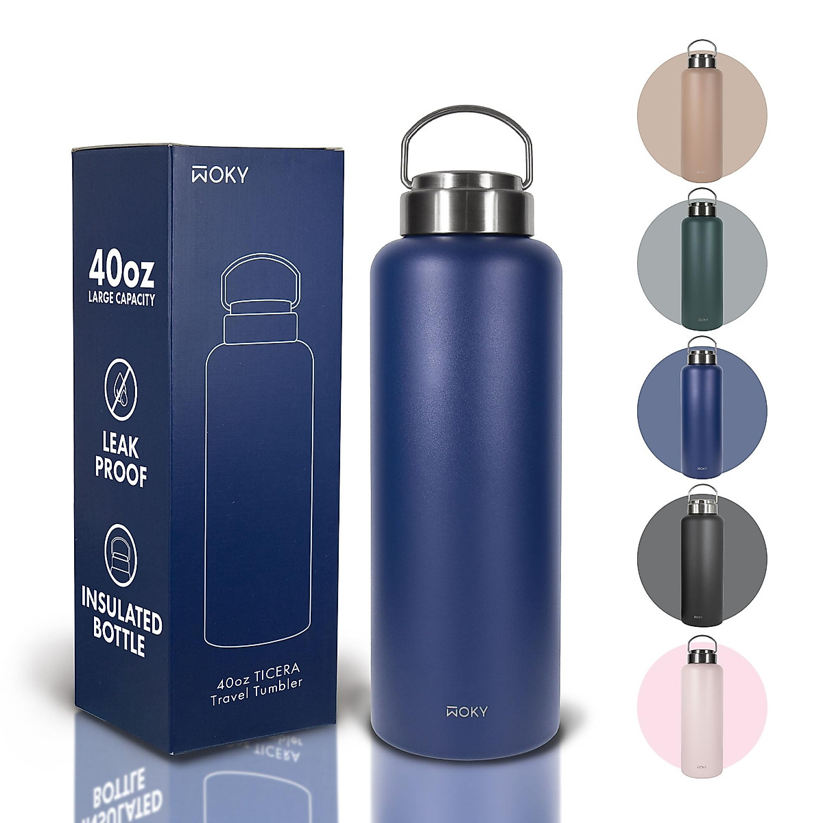 WOKY TICERA 40oz Titanium Ceramic Coated Tumbler - Navy Blue - Stainless Steel Vacuum Insulated Water Bottle, Leak-Proof, Hook Handle Lid - Ideal for Gym, Travel, and Everyday Use