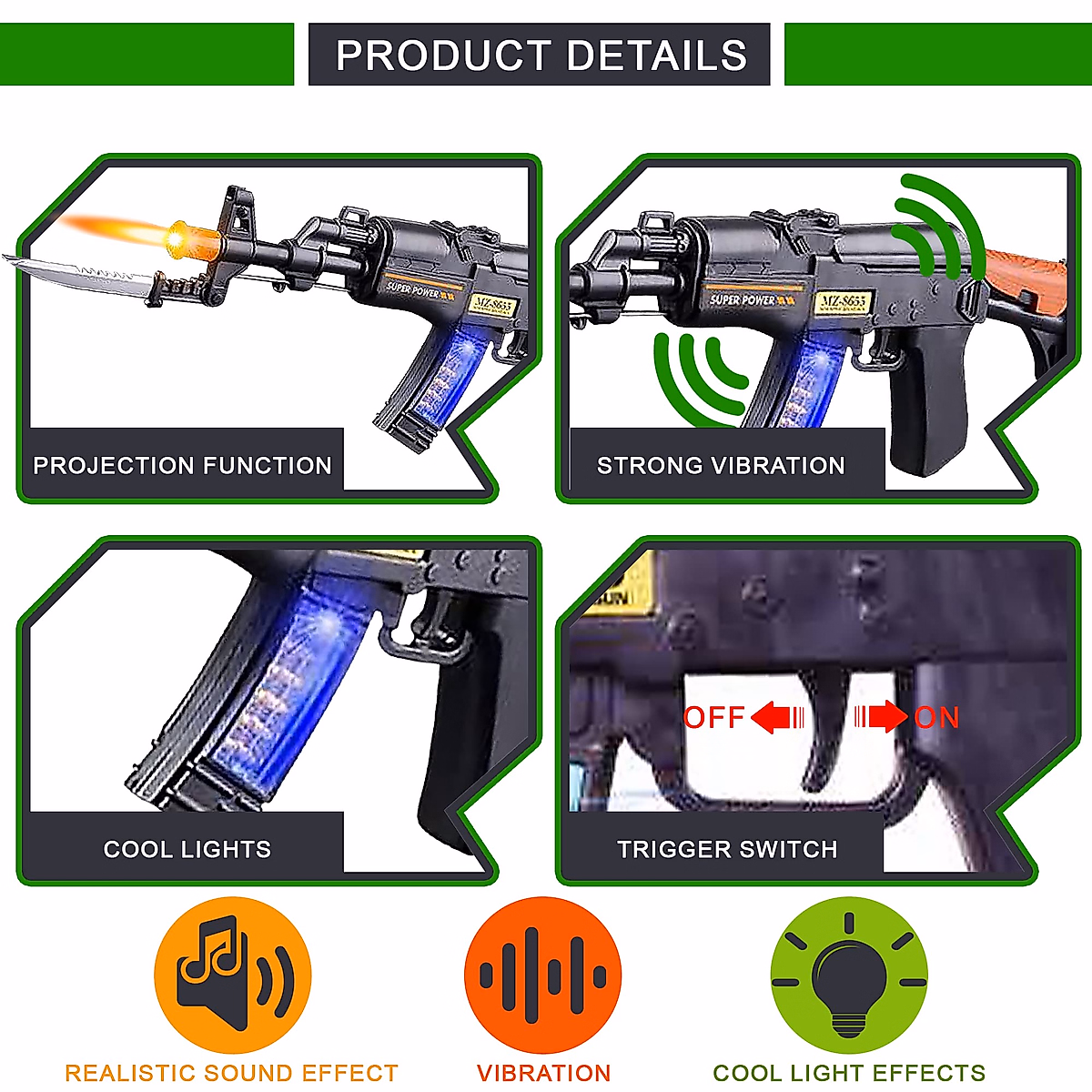 Light Up Toy Machine Gun with Folding Bayonet by ArtCreativity - Cool LED, Sound and Vibration Effect - 16 Inch Pretend Play Military Submachine Gun - Army Prop Gun for Boys and Girls