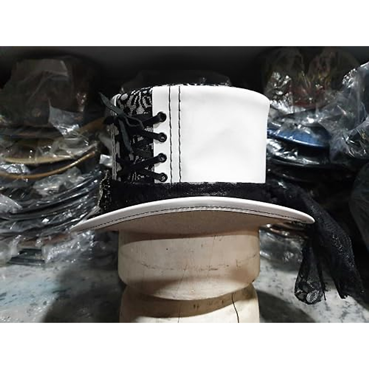 Steampunk Black Crusty Band White Leather Top Hat (Leather, XX-Large)