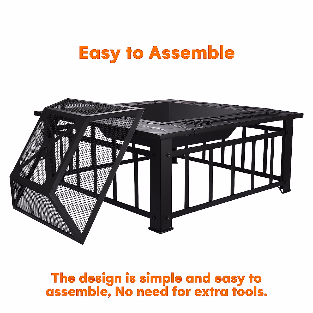 Zorestar 3 in 1 Metal Square Firepit (31.8"Dx31.8"Wx12.5"H-In) - Heavy-Duty & Portable BBQ Stove with Screen Cover & Poker - Wood Burning and Drink Cooling Fire Pit for Patio, Bonfire, Backyard, Deck