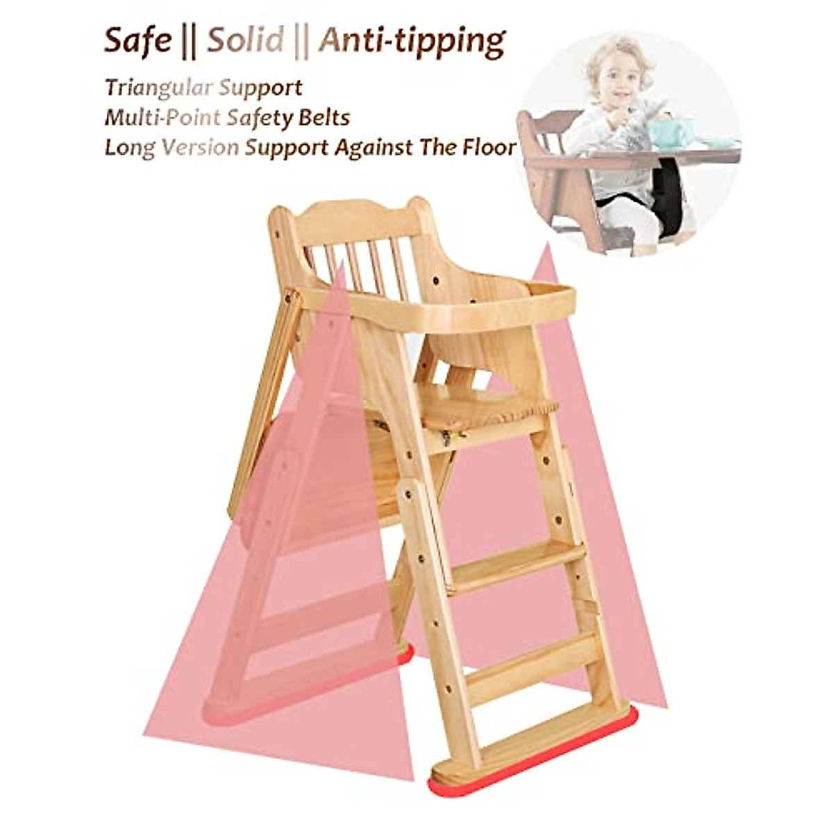 Wood High Chair with Tray, Baby Highchairs, Children High Stool Dining Chair for Babies and Toddlers Portable Kids Folding Chair with Safety Belt Adjustable Height (6 Months to 7 Years) (Color : A)