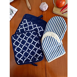 Cotton Oven Mitts and Pot Holder Sets Stripe and Geometric Trellis Pattern 4 Pack Heat Resistant 482°F Cotton Infill Breathable Fabric for Kitchen Cooking Baking