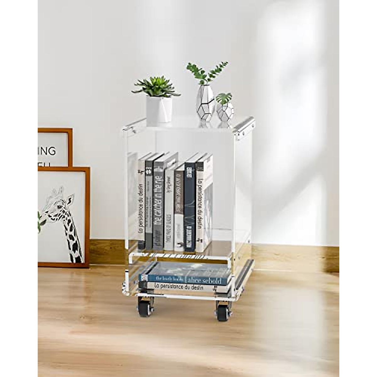 KSacry Acrylic Rolling Cart for Small Space,Mobile End Table with Two Tier Rolling Cart,Acrylic Nightstand/Bedside Table for Living Room, Bedroom (12.6" L × 11.8" W × 19" H)
