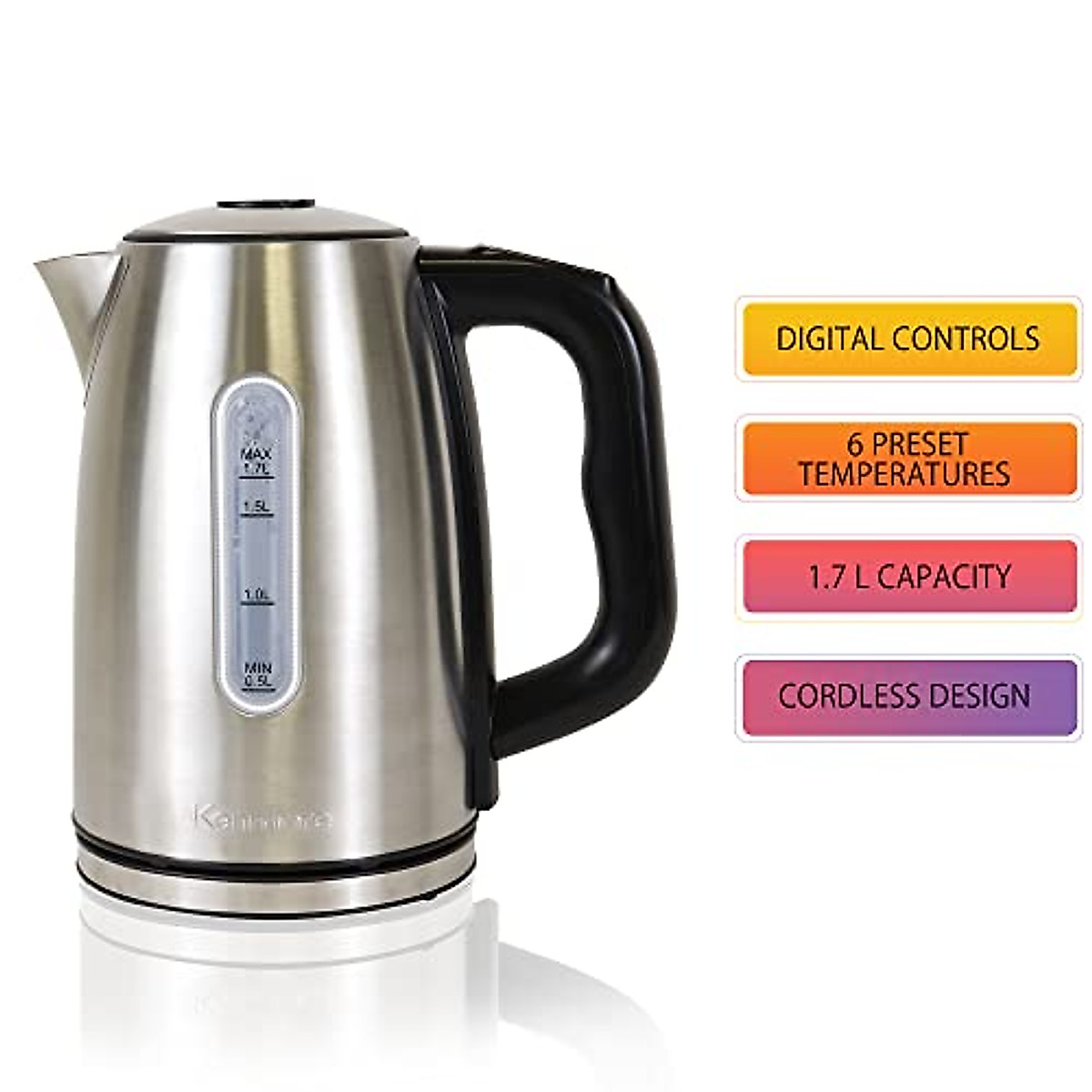 Kenmore 1.7L Cordless Electric Kettle w/ 6 Temperature Pre-Sets, Stainless Steel Teakettle w/LED light, Auto Shut-Off, Keep Warm, Boil-Dry Protection, Silver