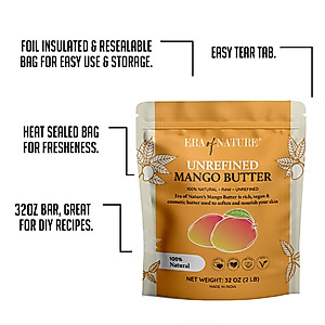 era of nature Organic Unrefined Raw MANGO BUTTER BLOCK Bulk, Skin Moisturizing, Use Alone or in DIY Body Butters, Soaps, Lotions and lip balm - 2lb (32oz)