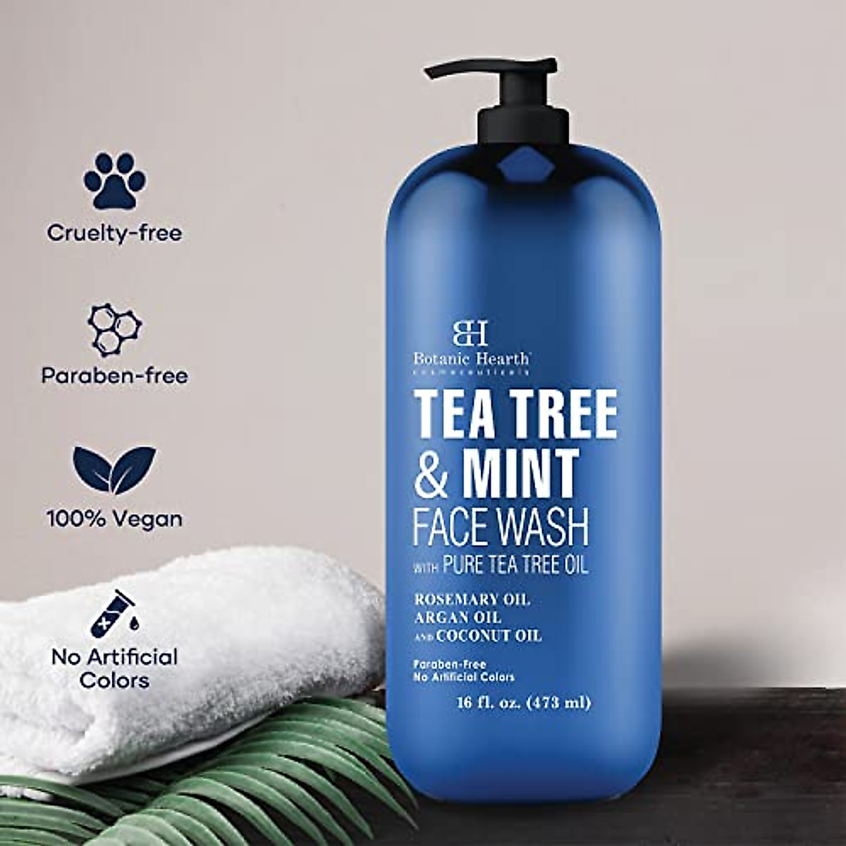 Botanic Hearth Tea Tree Face Wash with Mint - Acne Fighting, Therapeutic, Hydrating Liquid Face Soap with Pure Tea Tree Oil - for Women and Men, Paraben Free, Fights Acne - 16 fl oz