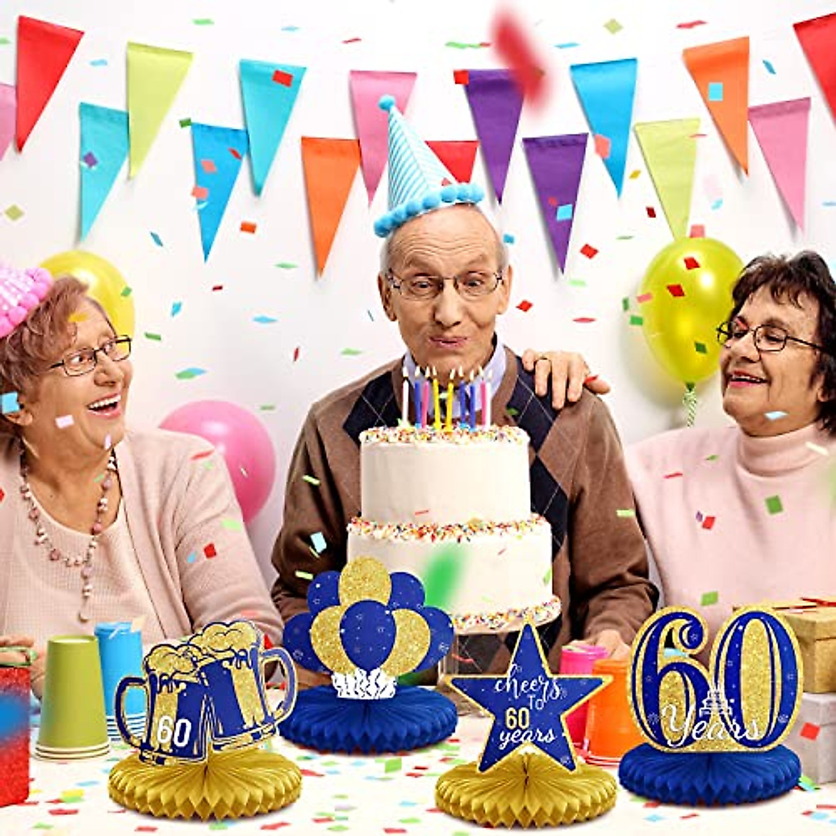 8 Pieces Gold and Blue 60th Birthday Table Centerpieces, 60th Birthday Honeycomb Table Centerpieces, 60th Birthday Table Decorations Birthday Party Supplies for 60th Table Birthday Decorations