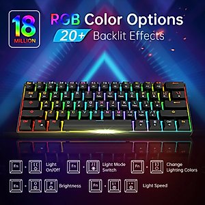 targeal 60% Mechanical Gaming Keyboard - 61 Keys Gateron Red Switch Quiet Office Computer Keyboard - Multi Color RGB Rainbow Led Backlit - Programmable for PC/Windows/Mac/Gamer - USB Wired - Black