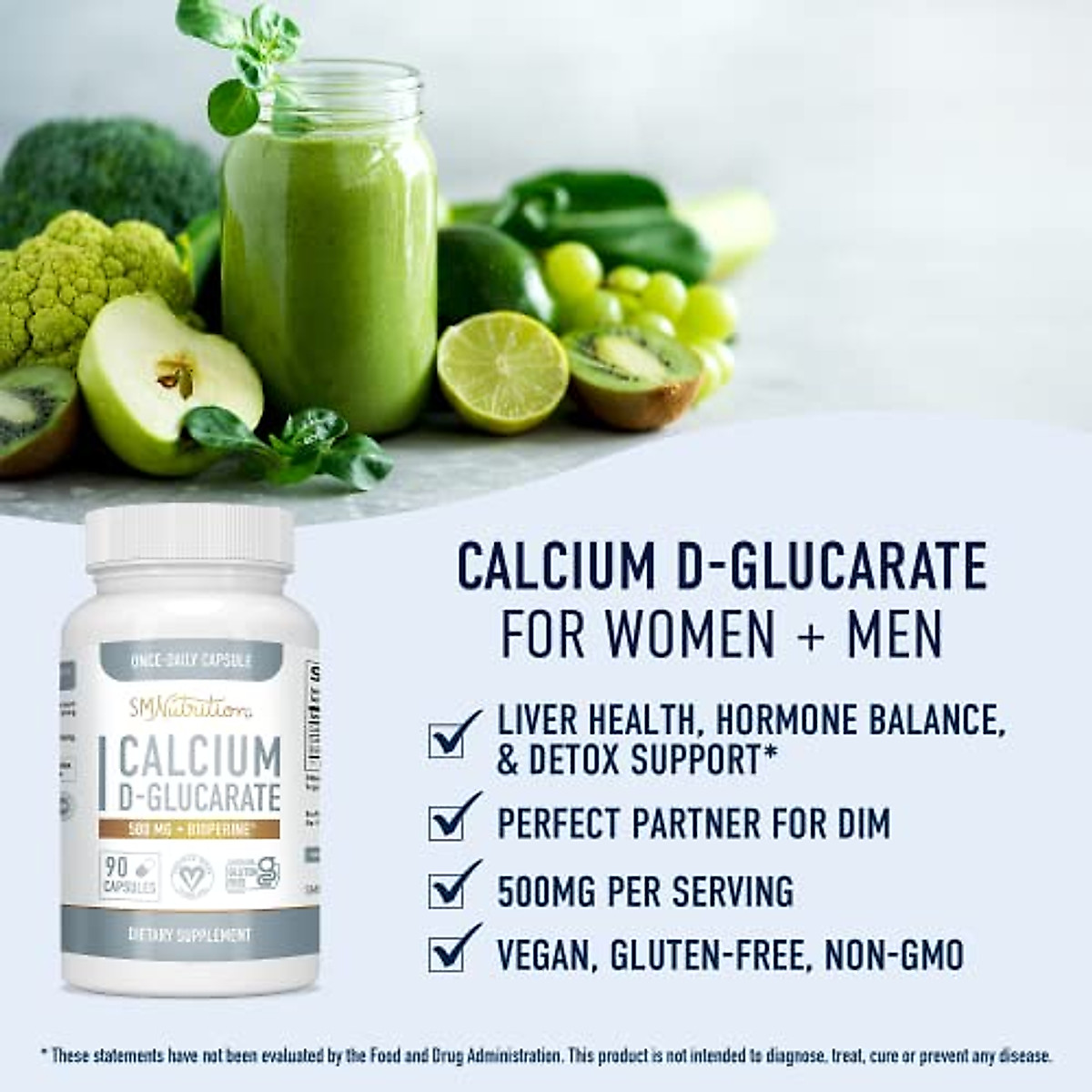 Calcium D-Glucarate | 500mg | CDG for Liver Detox & Cleanse, Metabolism, Hormone Balance, & Menopause Support* | Vegan.org Certified, Non-GMO, Gluten-Free Calcium D Glucarate | 90 Ct. (3-Month Supply)