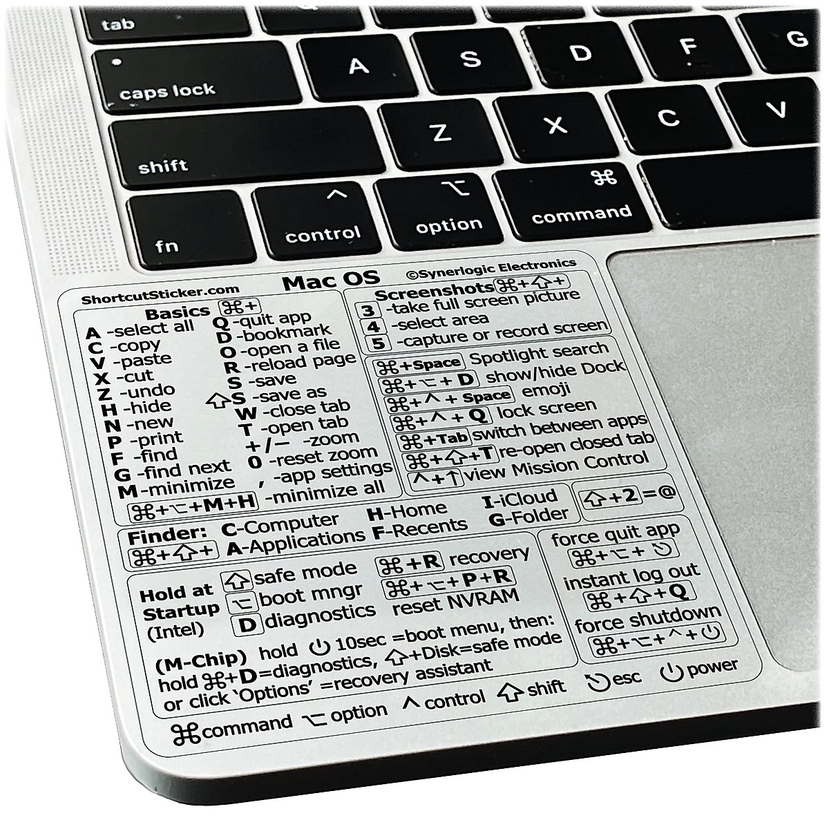 SYNERLOGIC Mac OS (Sonoma/Ventura/Monterey/Etc) Keyboard Shortcuts, M1/M2/M3/Intel No-Residue Clear Vinyl Sticker, Compatible with 13-16-inch MacBook Air and Pro
