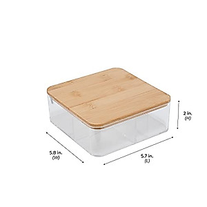 Simplify 3 Compartment Organizer with Bamboo Lid | Mirror | Perfect for Jewelry | Cosmetics | Accessories | Vanity & Countertop | Keepsake Storage Box | Clear