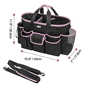 LoDrid Cleaning Caddy Bag with Handle and Shoulder Strap, Cleaning Supplies Organizer for Cleaning Work with 3 Compartments and Multifunctional Pockets, Black with Pink Edge