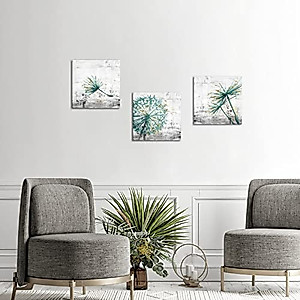 3 Piece Framed Canvas Wall Art Teal Dandelion on Rustic Grey Background Canvas Prints Home Artwork Decoration for Living Room Bedroom Farmhouse Decor 12x12x3 Panels (Small)