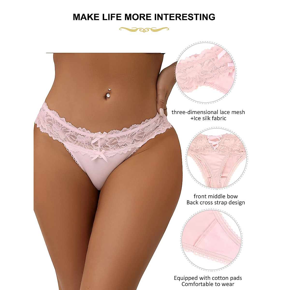 comeondear Sexy Lace Thongs for Women 3 Pack Panties Cheeky Underwear Plus Size G-String Thongs for Women Seamless Floral Briefs