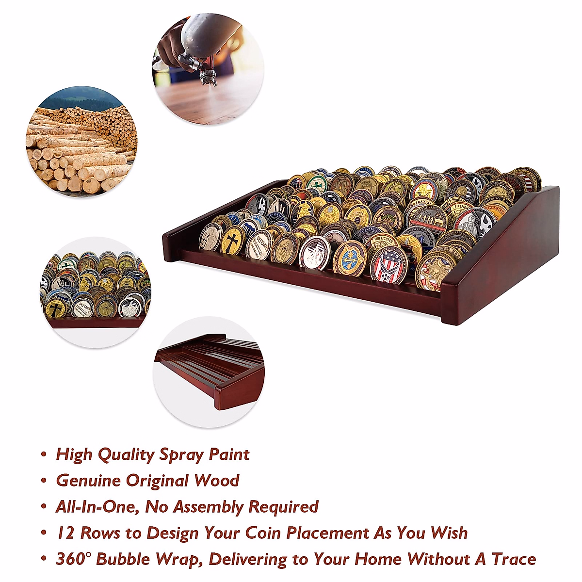 ASmileIndeep 12 Rows Military Challenge Coin Holder Display Case Holds 90-100 Coins, Solid Wood Army Coin Rack Display Stand for Desktop, Mahogany