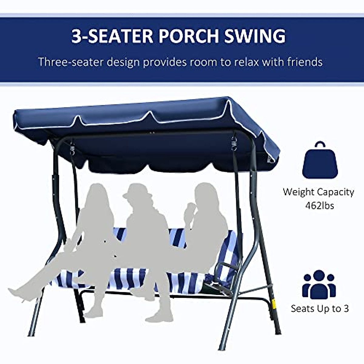Outsunny 3-Person Porch Swing with Canopy, Patio Swing Chair, Outdoor Canopy Swing Bench with Adjustable Shade, Cushion and Steel Frame, Dark Blue