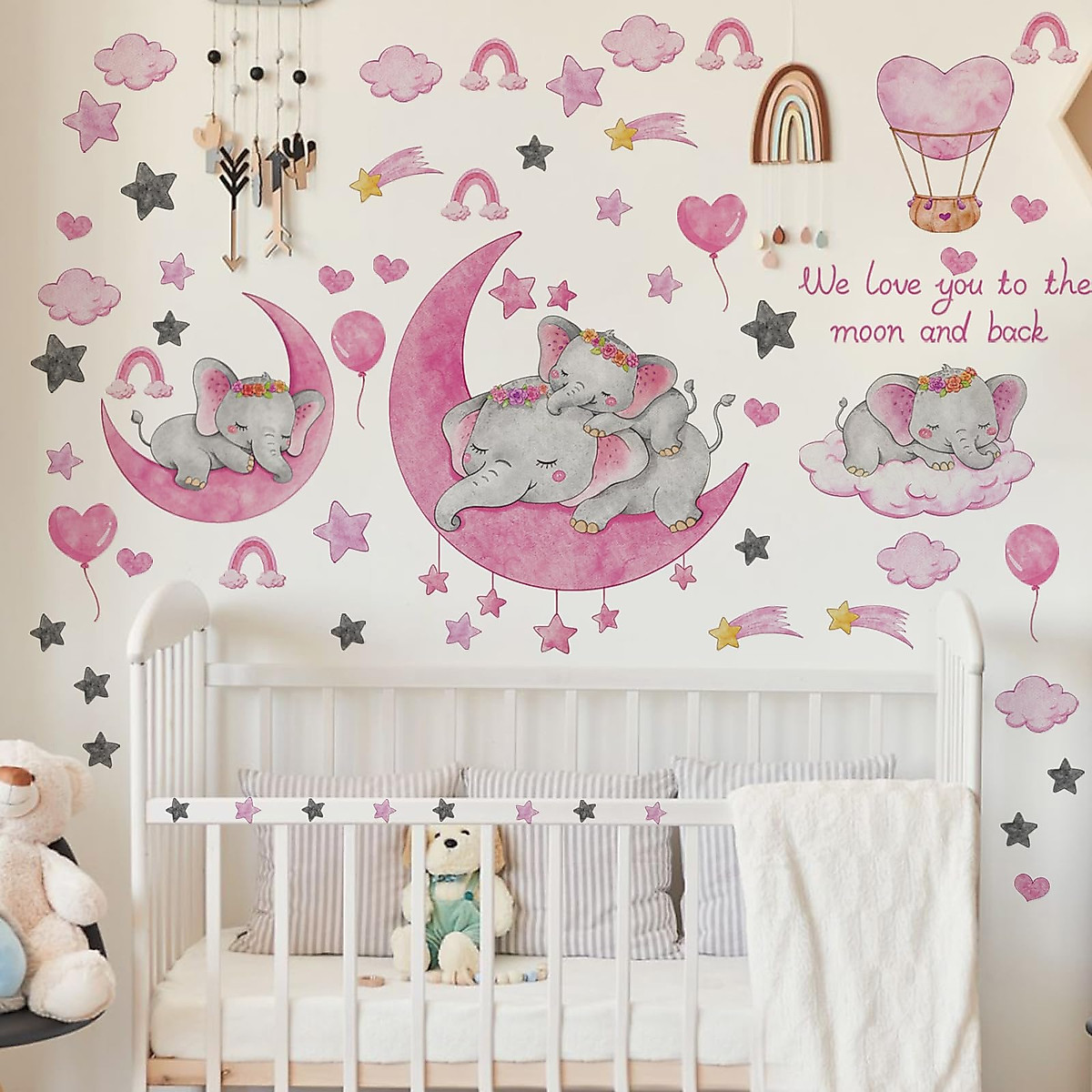 Suplanet Baby Girl Nursery Wall Decor, Elephant Nursery Wall Decal, Moon and Stars Nursery Decor, Baby Nursery Decor Girl, Baby Elephant Nursery Decor, Baby Room Decor Girl, Nursery Wall Stickers