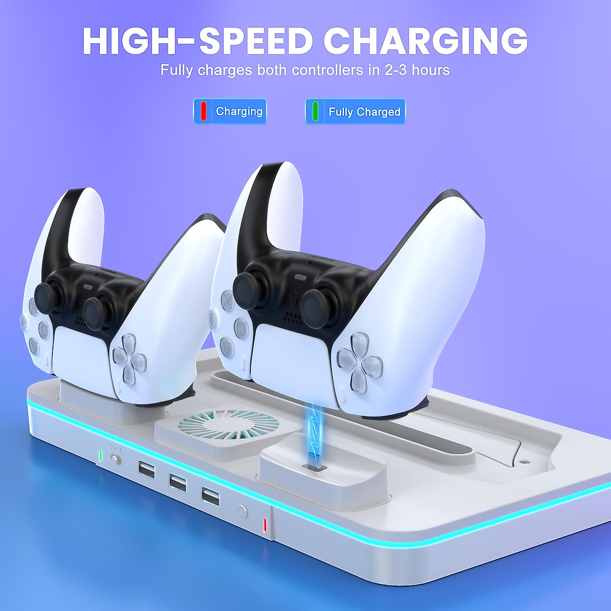 CODOGOY Upgraded PS5 Cooling Stand with Controller Charger, Cooling Station for PS5 Disc & Digital Editions, 2 Levels Adjustable Fans Speed, PS5 Charging Docking Station with 3 USB Ports (White)