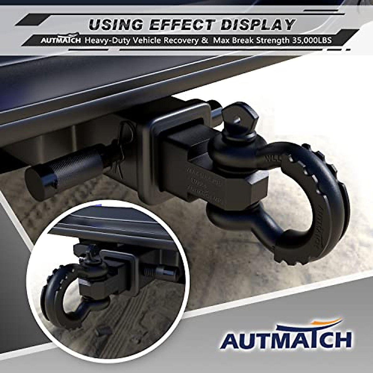 AUTMATCH Shackle Hitch Receiver 2 Inch - 3/4" D Ring Shackle and 5/8" Trailer Hitch Lock Pin, 45,000 Lbs Break Strength Heavy Duty Receiver Kit for Vehicle Recovery, Frosted Black
