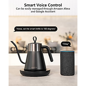 CROWNFUL Smart Electric Gooseneck Kettle with 4 Variable Presets, ±1℉ Temperature Control, 0.8L Capacity, 1200W Quick Heating, 100% Stainless Steel, Pour Over Coffee Kettle, Alexa Control