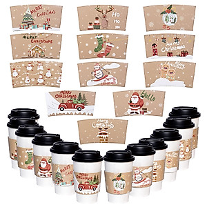 Hmxpls 24 Packs Christmas Santa Coffee Cups Sleeves, Disposable Hot Chocolate Cocoa Cup Sleeves for 12oz 16oz Hot Drinks & Cold Beverage, Holiday Snowman Xmas Cups Thicken Paper Sleeves, 12 Designs