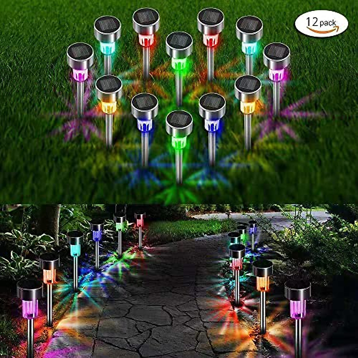 RichesY Solar Garden lamp-12 Large Capacity LED Stainless Steel, Lawn Lights, Light.Outdoor Driveway Sensor Outdoor Landscape Lighting(Multi-Color)
