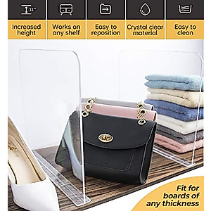 ROUFA 4Pcs Clear Acrylic Shelf Dividers, Adjustable Closet Organizer Fit for Any Thickness of Shelves, Multi-Purpose Wood Shelf Separators for Bedroom, Kitchen, Office, Bathroom, 11.8''x11''