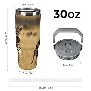 BWQJKUO Large Capacity Car Cup 30 Oz Stainless Steel Zebras in The Grass of The Savanna Printed Travel Mug Leak-proof Flip Straw Tumbler with Handle,keeps Cold Or Ho